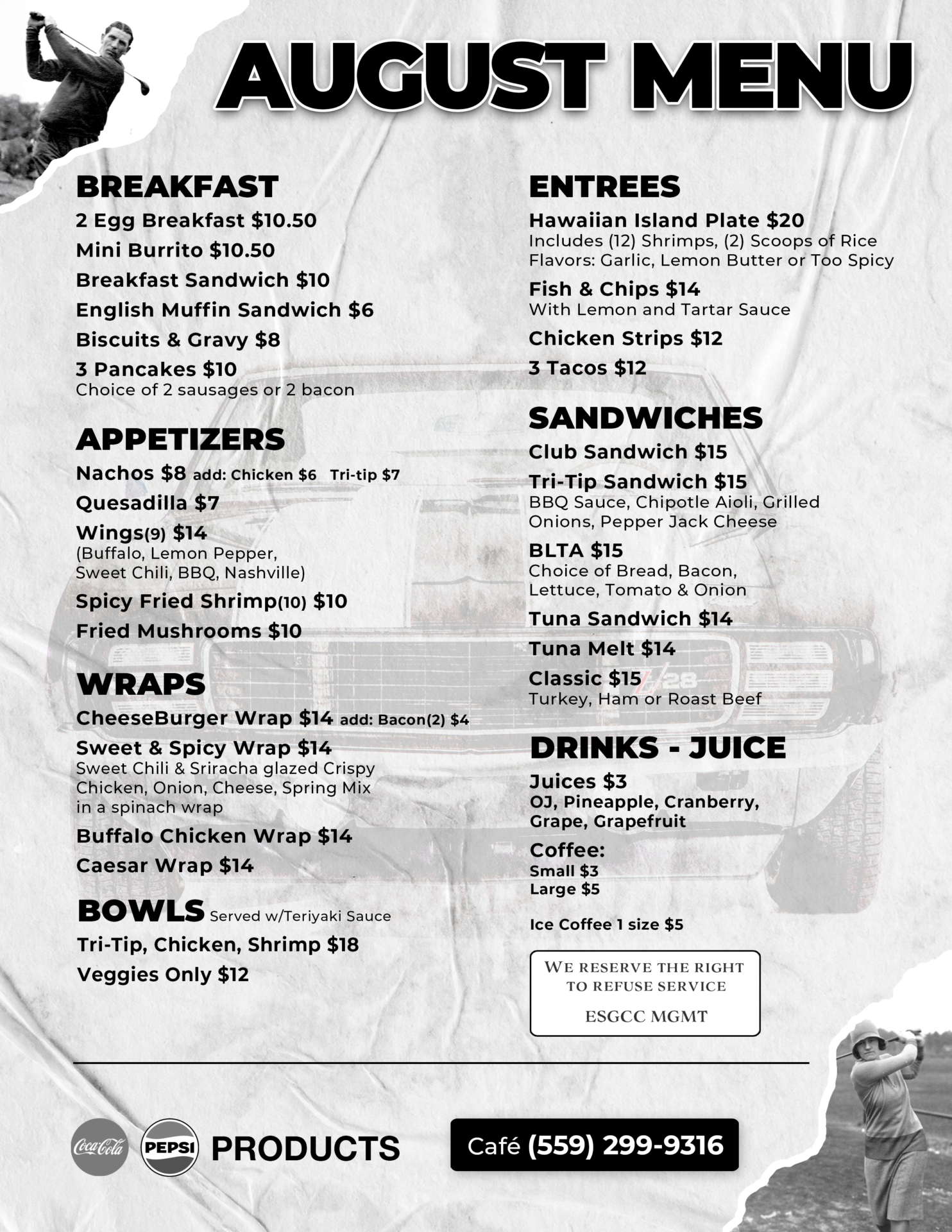 Cafe Menu & Hours - Eagle Springs GCC - Pro Shop